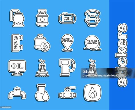 라인 화염 석유 굴착 장치 위치 및 주유소 탱크 저장 프로판 가스 충전 및 휘발유 연료 위치 아이콘을 리필하십시오 벡터 가솔린에 대한 스톡 벡터 아트 및 기타 이미지