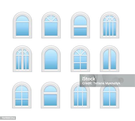 아치형 및 아치 창입니다 케이스 및 어닝 창 프레임 플랫 아이콘 세트입니다 벡터 그림입니다 격리된 개체 0명에 대한 스톡 벡터