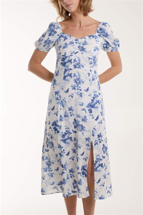 Sweetheart Neckline And Puff Sleeve Floral Dress