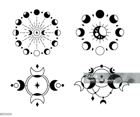 신비한 보헤미안 달 단계 고립 된 클립 아트 번들 천체 컬렉션 달과 별 세트 매직 라인 초승달 난소 개체 흑백 벡터 일러스트 세트 개체 그룹에 대한 스톡 벡터 아트 및 기타
