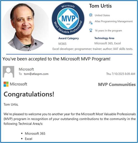 Tom I Am Honored To Share That Today I Was Re Awarded By Microsoft As An Excel Mvp For My 16th