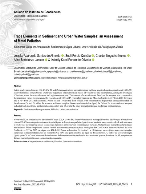 Pdf Trace Elements In Sediment And Urban Water Samples An Assessment