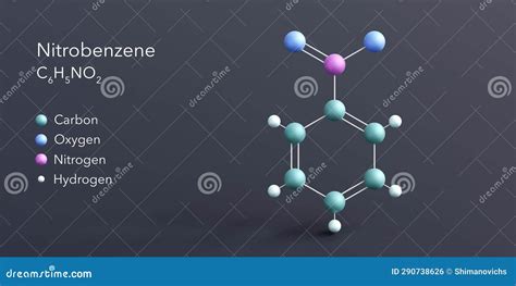 Nitrobenzene Molecule 3d Rendering Flat Molecular Structure With Chemical Formula And Atoms