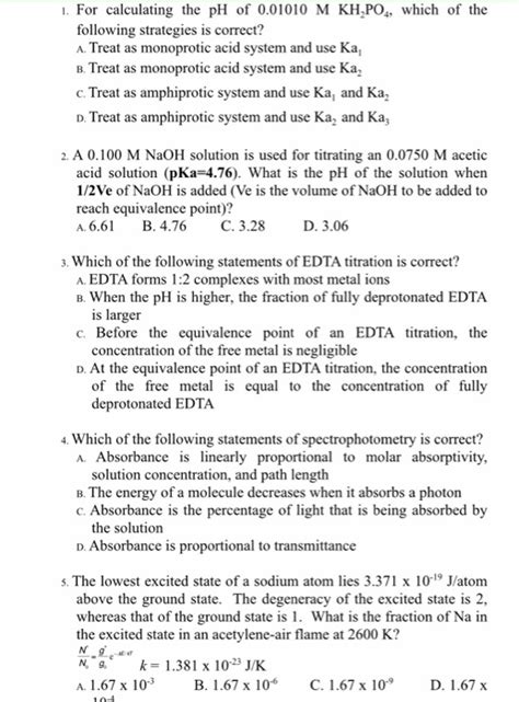 Solved 1 For Calculating The Ph Of 001010 M Khpo Which
