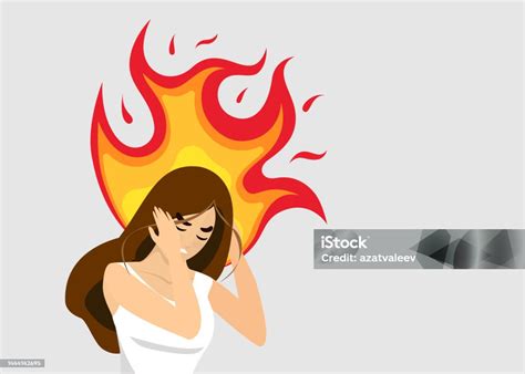 머리에 불이 붙은 화난 여자 불타는 두뇌를 가진 분노한 사업가를 강조했습니다 정신 장애 소진과 과로로 지친 아픈 피곤한 여성