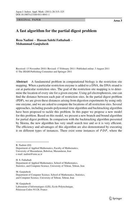 Pdf A Fast Algorithm For The Partial Digest Problem