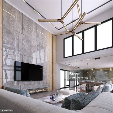 3d 렌더링 3d 일러스트레이션 인테리어 장면 및 모형 거실 스타일 현대 높은 천장 거실 벽난로 0명에 대한 스톡 사진 및 기타 이미지 Istock