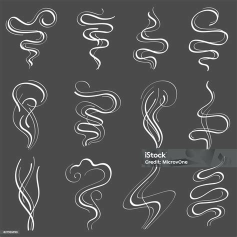 연기 증기 벡터 집합입니다 냄새와 연기 선 아이콘 흰색 절연 연기 물리적 구조에 대한 스톡 벡터 아트 및 기타 이미지 연기