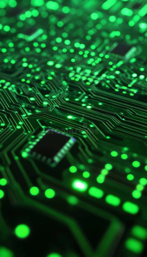 Green Circuit Board With Microchip And Glowing Pathways In Close Up