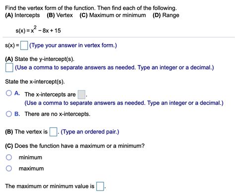 Solved Find The Vertex Form Of The Function Then Find Each Chegg Com