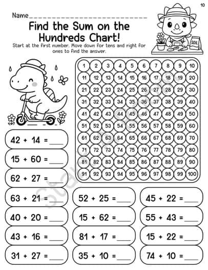 Adding Two Digit Numbers Using A Hundreds Chart Worksheets Dino Spring Theme