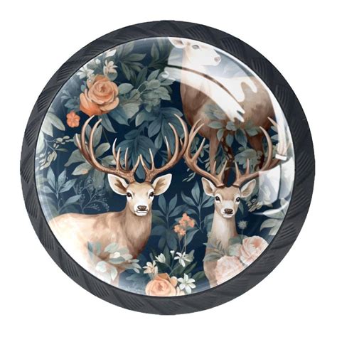 4 Pack Black Drawer Knobs Vintage Deer Florals Cabinet Knobs Round Glass Knobs For Kitchen