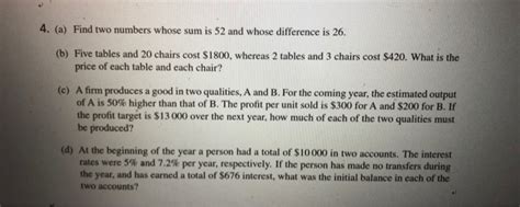 solved 4 a find two numbers whose sum is 52 and whose