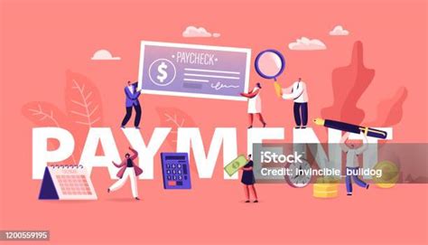 지불 개념입니다 현금과 월급을 사용하여 서비스 및 은행 대출 및 신용에 돈을 지불하는 사람들 남성 및 여성 캐릭터 세금 포스터 배너 전단지 브로셔 만화 플랫 벡터 일러스트