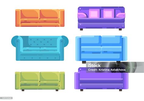 소파 색 벡터 세트입니다 인테리어 디자인에 대한 흰색 배경에 고립 된 편안한 소파 컬렉션 플랫 만화 스타일의 일러스트레이션입니다 0명에 대한 스톡 벡터 아트 및 기타 이미지