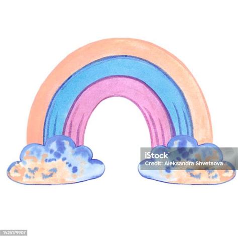 어린이 섬유를위한 구름이있는 손으로 그린 수채화 무지개 스크랩북 디자인 타이포그래피 포스터 라벨 배너 엽서 0명에 대한 스톡 벡터 아트 및 기타 이미지 Istock