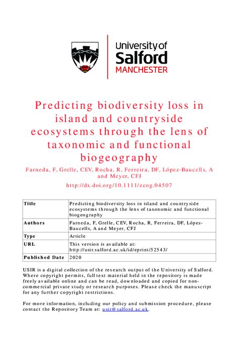 Pdf Predicting Biodiversity Loss In Island And Countryside Ecosystems Through The Lens Of