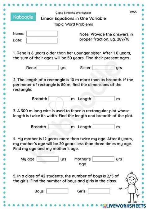 Linear Equations In One Variable Word Problems Live Worksheets