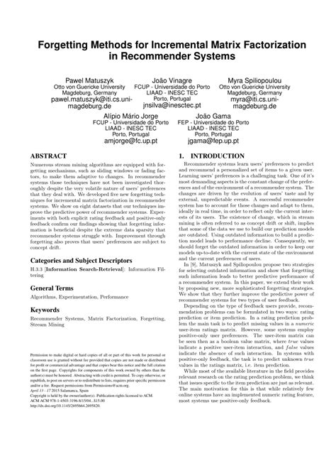 Pdf Forgetting Methods For Incremental Matrix Factorization In Recommender Systems