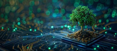 Tree Growing On Converging Point Of Computer Circuit Board Green Computing Technology And It
