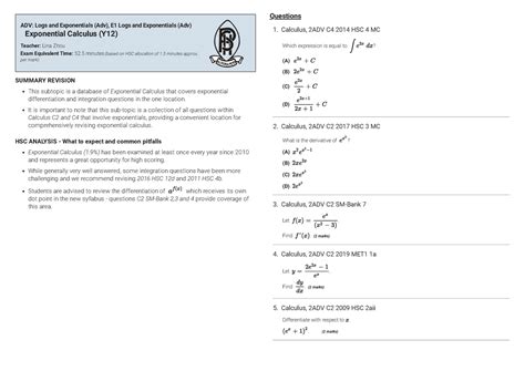 3 Exponential Calculus Yr 12 Adv Logs And Exponentials Adv E1 Logs And Exponentials