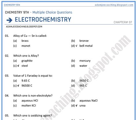 Adamjee Coaching Electrochemistry Mcqs Chemistry 9th