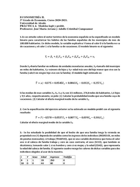 Práctica 9 Modelos Logit Y Probit Pdf Pdf