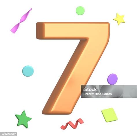 배경에 색종이 조각이 있는 주황색 숫자 7 7번 인사말 카드 배너 전단지 엽서 생일 축하 디자인에 적합합니다 3d 렌더링 3차원 형태에 대한 스톡 사진 및 기타 이미지