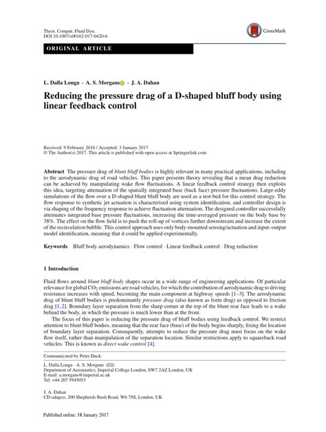 Pdf Reducing The Pressure Drag Of A D Shaped Bluff Body Using Linear
