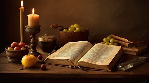 탁자 위의 종교 서적은 과일과 양초 옆에 있다 성경 구절 사진 성경 절 배경 일러스트 및 사진 무료 다운로드 Pngtree
