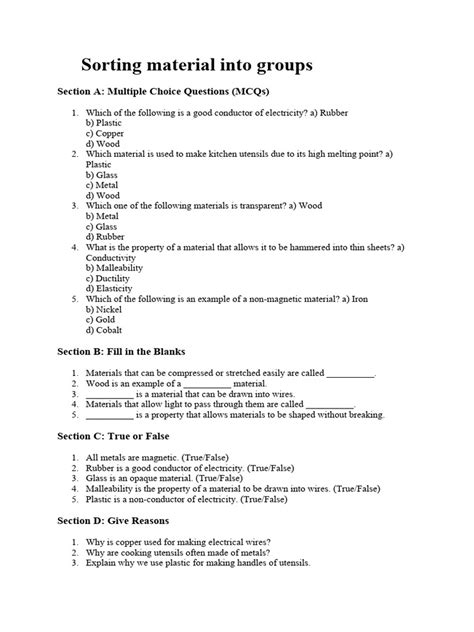 Sorting Material Into Groups Pdf Metals Ductility