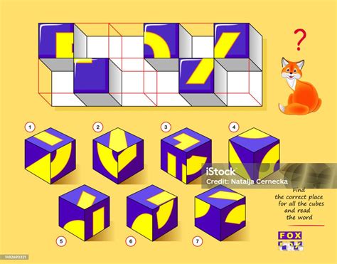 가장 똑똑한 논리 게임 3d 퍼즐 모든 큐브의 올바른 위치를 찾고 단어를 읽으십시오 온라인 플레이 공간적 사고 개발 수수께끼 책 페이지입니다 영어 공부 벡터 이미지입니다 0