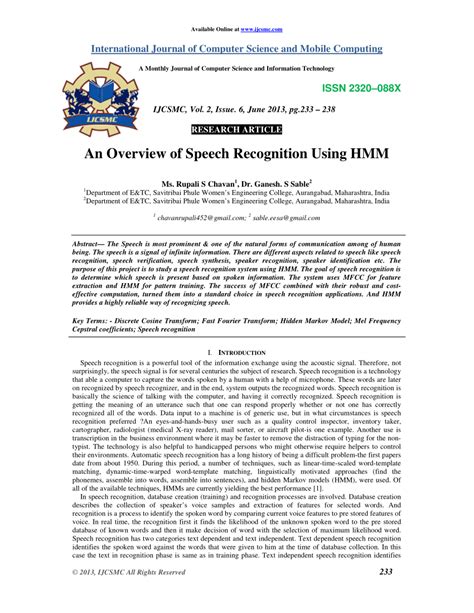 Pdf An Overview Of Speech Recognition Using Hmm