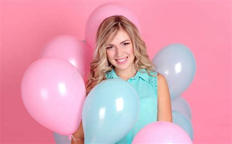 Young Beautiful Blonde Girl Holding Balloons Studio Woman Holding