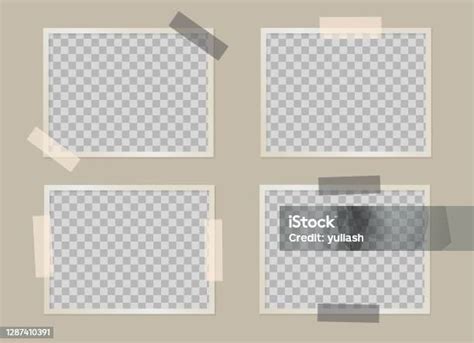 접착제 테이프가있는 투명 한 빈 사진 프레임 세트 디자인에 대한 모형 베이지 색 배경에 빈 템플릿입니다 벡터 3d 사실적입니다 검은 색과 베이지 색 테이프직 사진 카드4