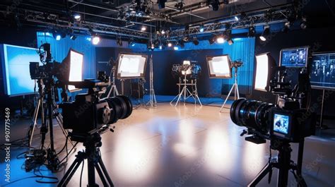 Professional Studio Setup With Multiple Cameras And Lighting For Filmmaking Or Television