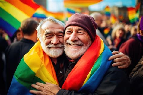 Premium Ai Image Two Elderly Gay Men In Love Embracing With Rainbow