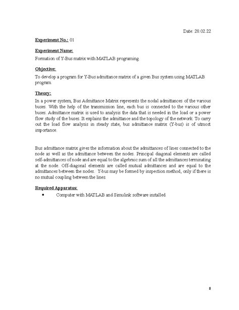 01 Formation Of Y Bus Matrix With Matlab Programming 7 11 Date 28 Experiment No 01