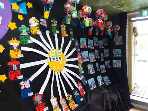 A Bulletin Board With Lots Of Pictures On It And Balloons In The Air Behind It