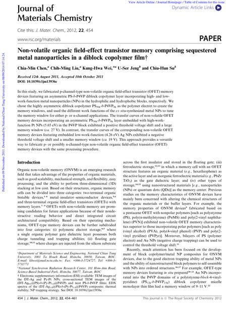 Pdf Non Volatile Organic Field Effect Transistor Memory Comprising Sequestered Metal