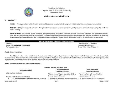 gec elec 2 great books syllabusdocx lspu acad sf 015 rev 1 17 april