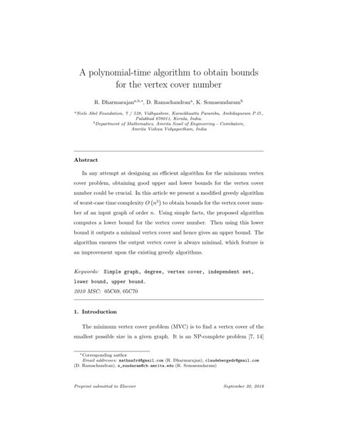 Pdf A Polynomial Time Algorithm To Obtain Bounds For The Vertex Cover Number