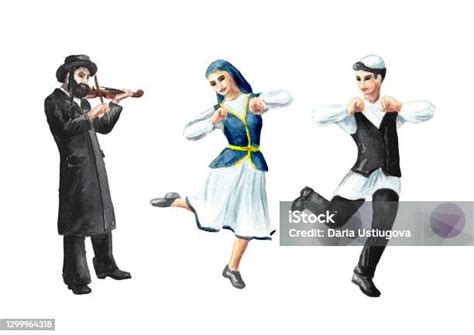 정통 유대인이 바이올린과 젊은 유대인을 연기하여 국가 의상을 입고 전통 민속 댄스 세트를 춤을 추고 있습니다 흰색 배경에 고립 된 손으로 그린 수채화 그림 바이올린에 대한