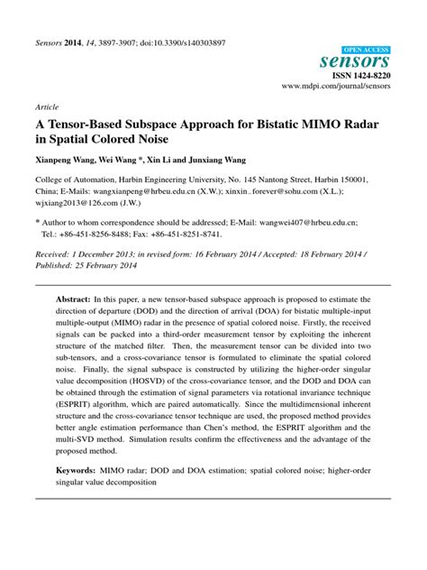 Tensor Based Subspace Approach For Bistatic Mimo Radar In Sptial Colored Noise Pdf