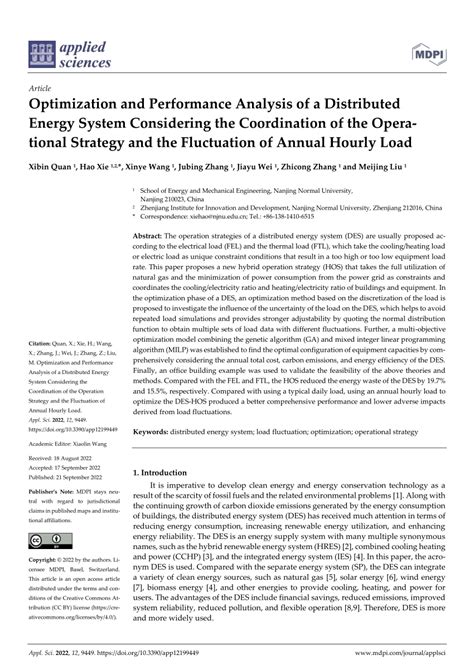 Pdf Optimization And Performance Analysis Of A Distributed Energy