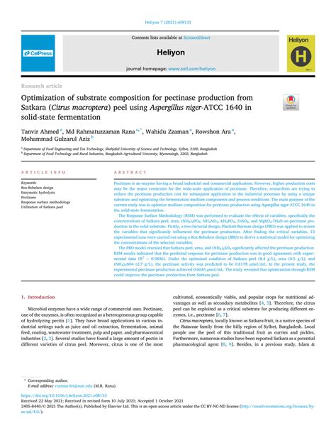 Pdf Optimization Of Substrate Composition For Pectinase Production From Satkara Citrus
