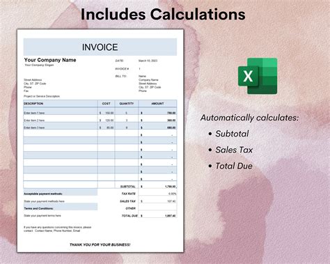 Excel Invoice Template Small Business Invoice Editable Invoice Printable Invoice Blue Themed