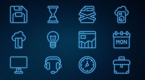 라인 서류 가방 달력 파일 문서 삭제 전구 클라우드 데이터베이스 플로피 디스크 그래프 차트 인포 그래픽 및 오래된 모래 시계 아이콘을 설정합니다 벡터 0명에 대한 스톡 벡터