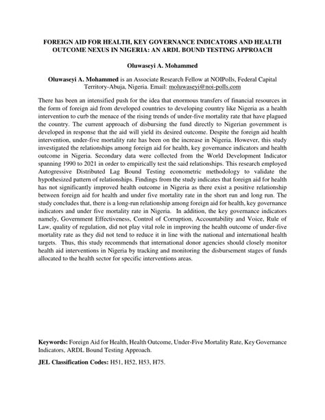 Pdf Foreign Aid For Health Key Governance Indicators And Health Outcome Nexus In Nigeria An