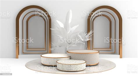 원형 대리석 받침대의 3d 렌더링 원형 아치가있는 흰색 벽 흰색 바닥에 디스플레이 제품에 대한 연단은 흰색 배경 그림에 격리 광고에 사용할 수 있습니다 3차원 형태에 대한
